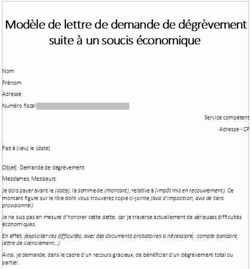 Modèle de lettre de dégrèvement suite à des difficultés économiques Modèle de lettre de dégrèvement suite à des difficultés économiques