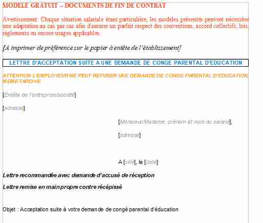 Modèle gratuit : lettre d'acceptation suite à une demande de congé parental