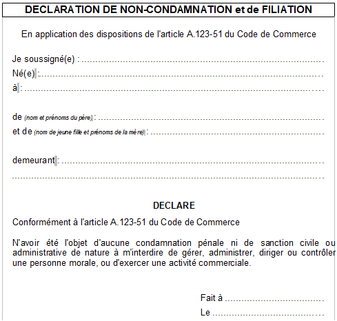 Modèle : Déclaration de non condamnation et de filiation
