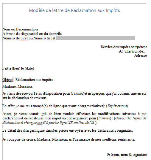 Mod le De Lettre De R clamation Aux Imp ts Mod le De Lettre De R clamation Aux Imp ts