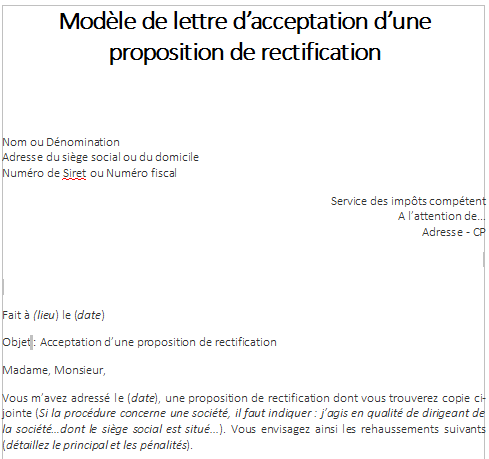 Modèle de lettre d’acceptation d’une proposition de rectification